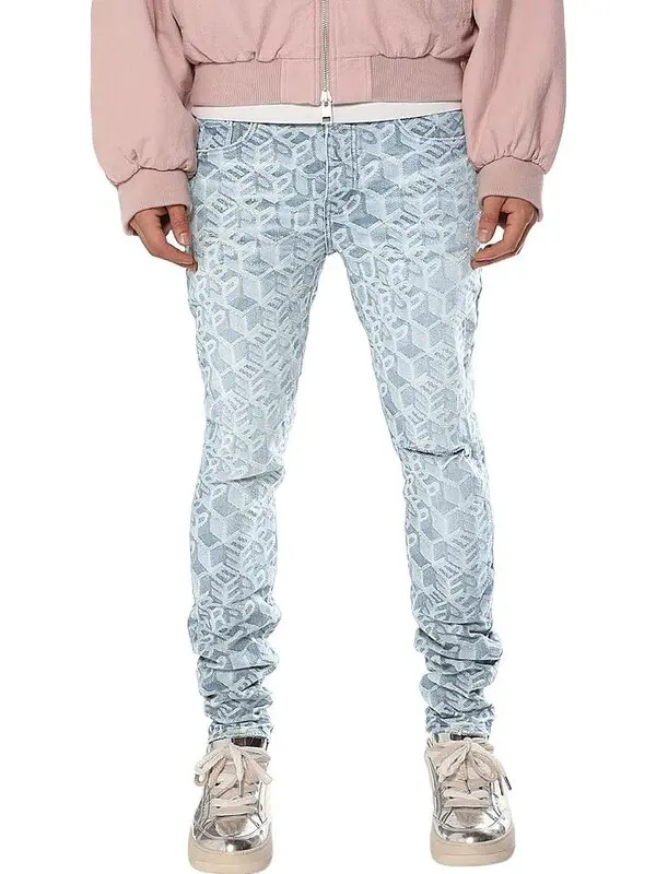 PURPLE BRAND Skinny Jacquard Monogram Jeans - Light Indigo