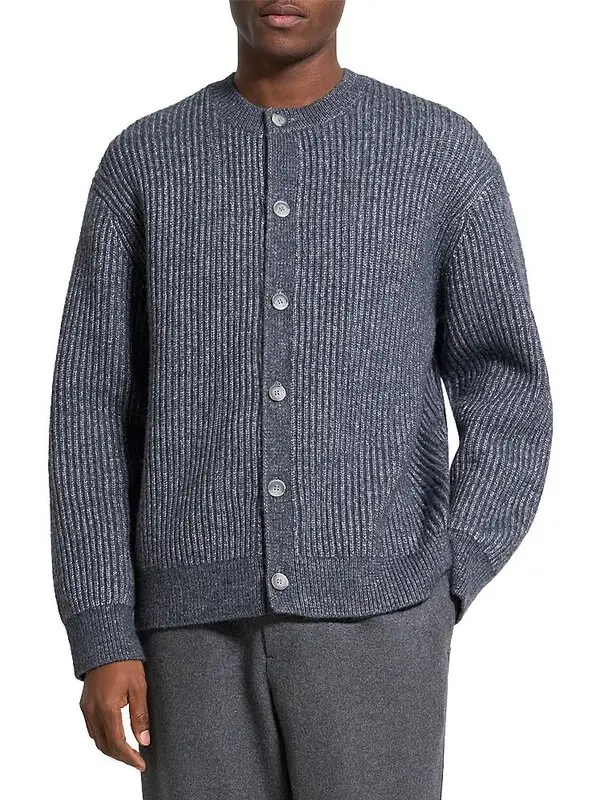 Theory Wool Cotton Button Sweater - Grey Melange