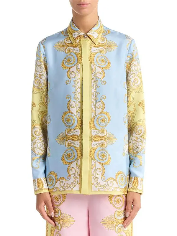Versace Silk Twill Printed Shirt - Pale Yellow/pastel Blue