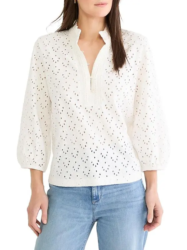NIC+ZOE Knit Eyelet Ruffle Neck Top - Paper White