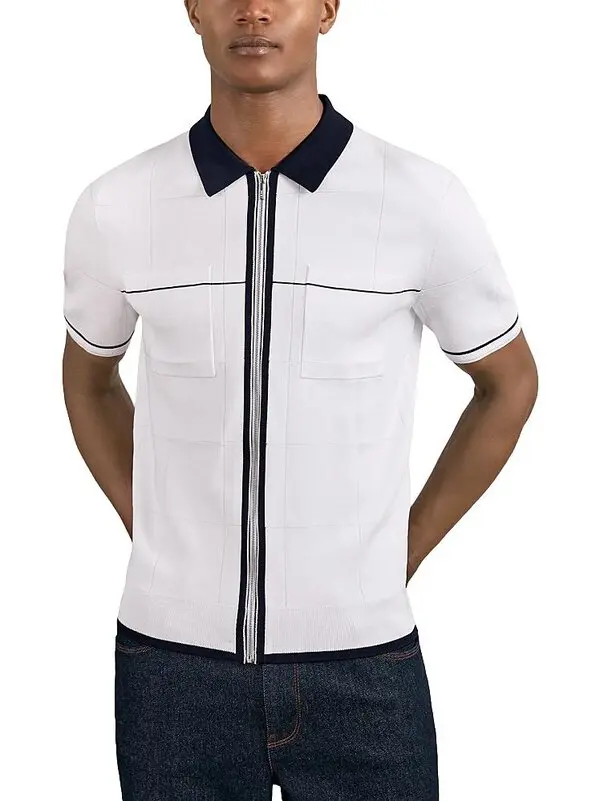 REISS Baxter Short Sleeve Zip Through Windowpane Texture Polo Shirt - White/navy Blue