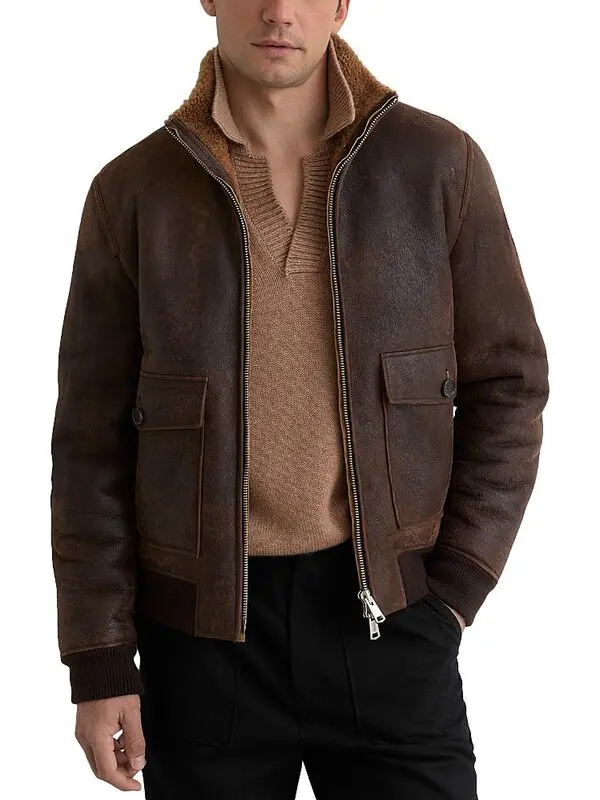 REISS Shearling Zip Through Jacket - Brown