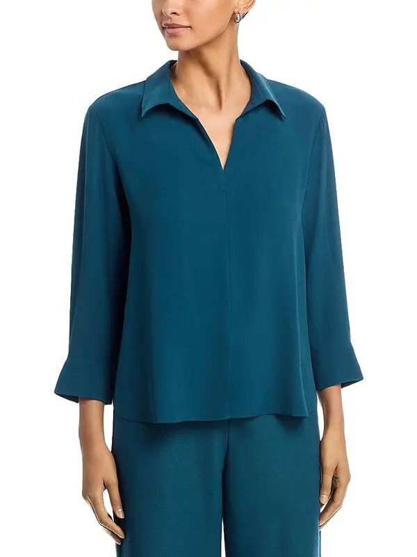 Eileen Fisher Silk Georgette Crepe Classic Collar Top - Alpine