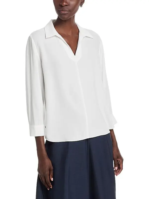 Eileen Fisher Silk Georgette Crepe Classic Collar Top - Ivory