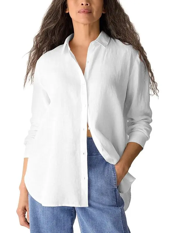 Eileen Fisher Linen Classic Collar Long Shirt - White