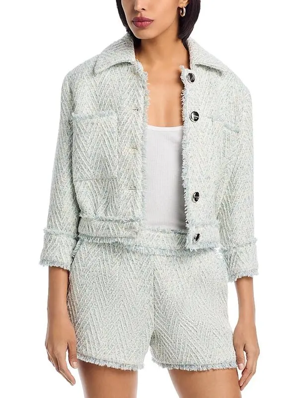L'Agence Jia Crop Fringe Jacket - Light Blue/ivory Chevron