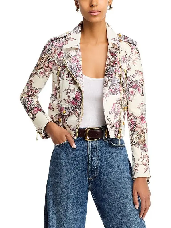 L'Agence Leather Biker Jacket - White Butterfly Jungle
