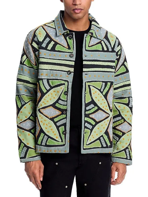 KARTIK RESEARCH Godhadi Printed Quilted Jacket - Black/sage/orange