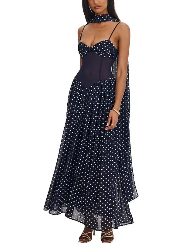 MISS CIRCLE Juliette Polka Dot Chiffon Maxi Dress - Navy Blue