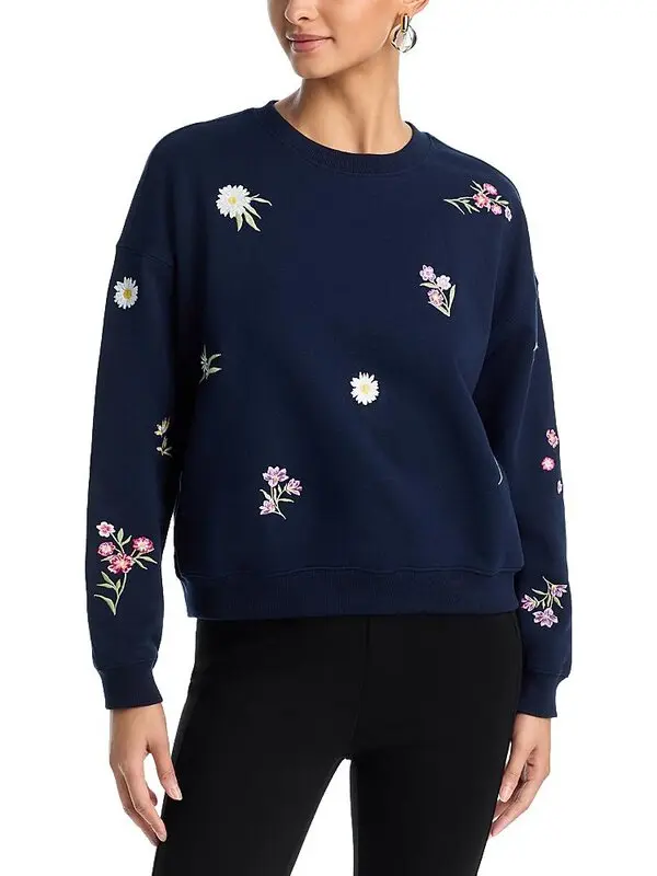 Aqua Flower Embroidered Sweatshirt - Navy