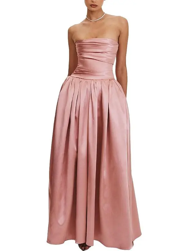 MISS CIRCLE Satin Strapless Gathered Maxi Dress - Rose Pink