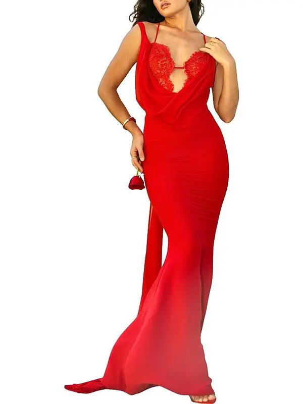 MISS CIRCLE Ulanda Chiffon Lace Backless Maxi Train Gown - Red