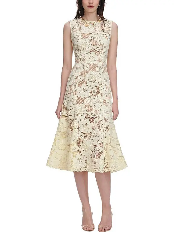 SELF-PORTRAIT Crochet Lace Midi Dress - Yellow