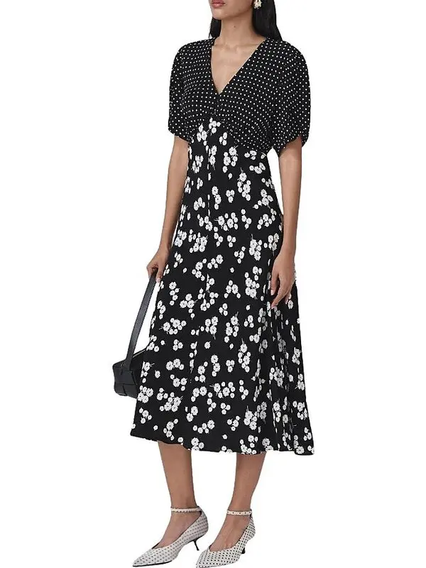 GHOST LONDON Lulu V-neck Midi Dress - Black Spot Floral
