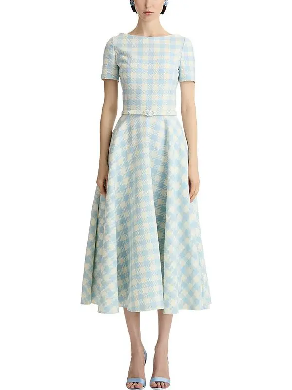 Oscar De La Renta Short Sleeve Gingham Dress - Ice/white