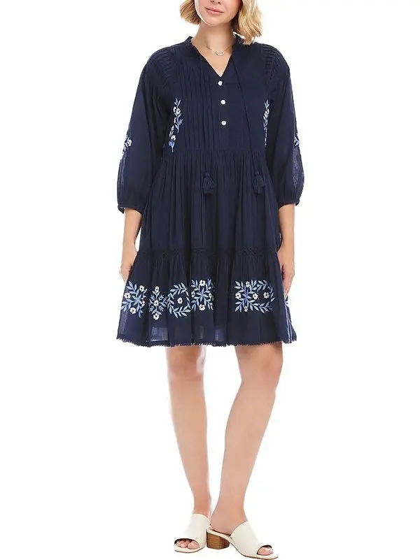 Karen Kane Blouson Sleeve Embroidered Lace Trim Tiered Dress - Navy