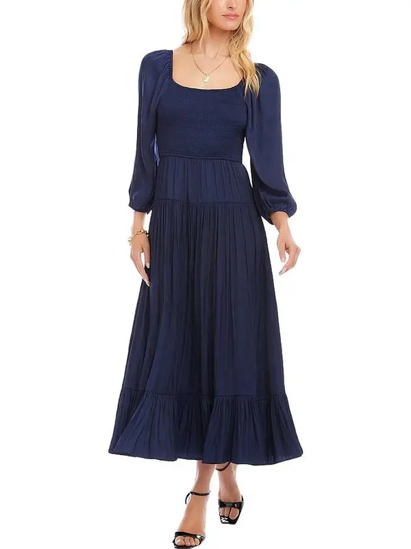 Karen Kane Blouson Sleeve Smocked Midi Dress - Navy