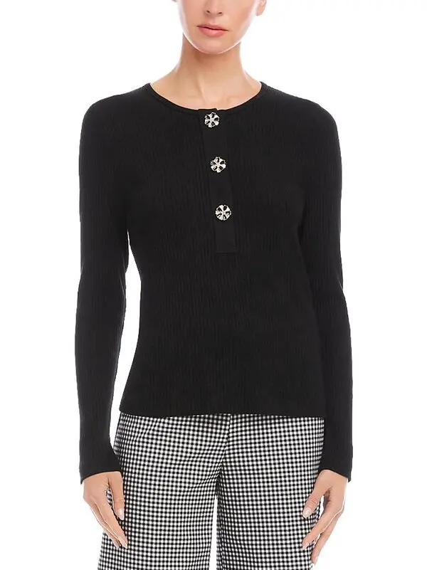 Karen Kane Ribbed Floral Button Top - Black