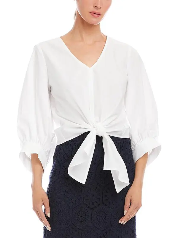 Karen Kane Blouson Sleeve Tie Front Top - Off White