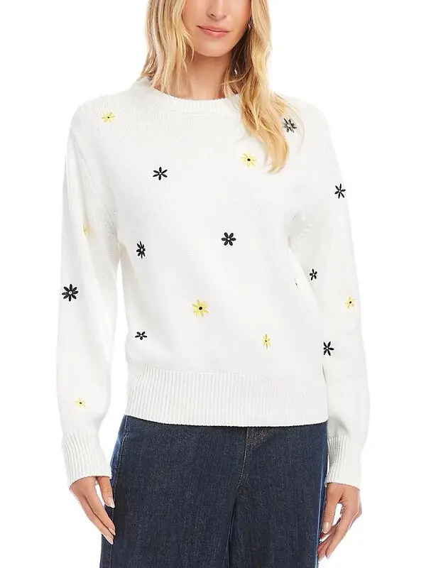 Karen Kane Embroidered Daisy Crewneck Sweater - Off White