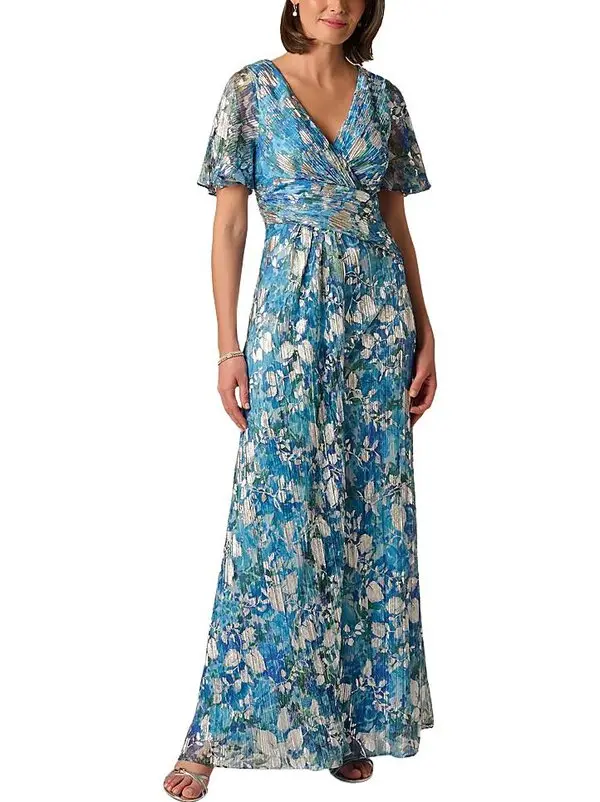 Adrianna Papell Pleated Metallic Dress - Blue Multi