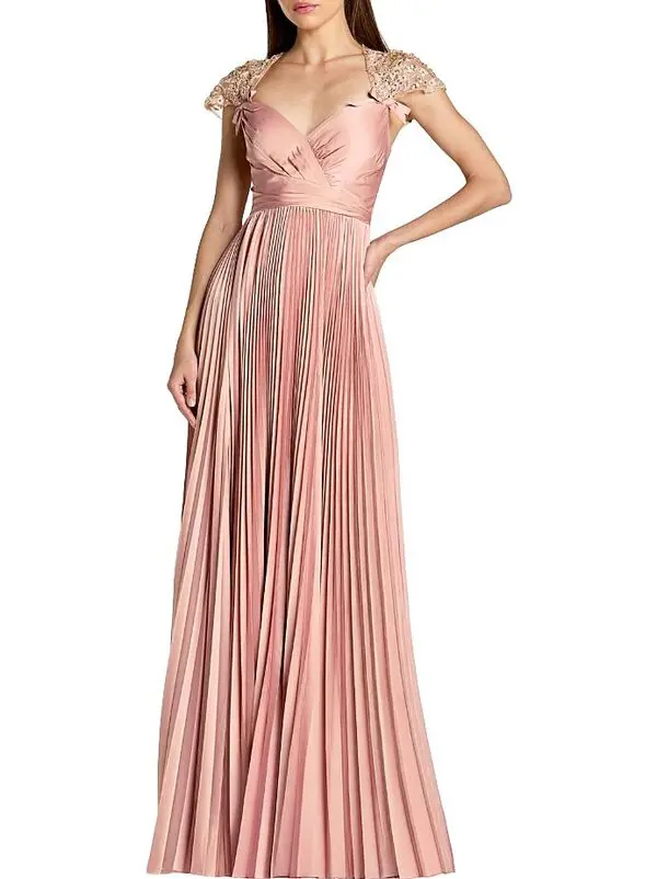Mac Duggal Pleated Charmeuse Embellished Gown - Rose
