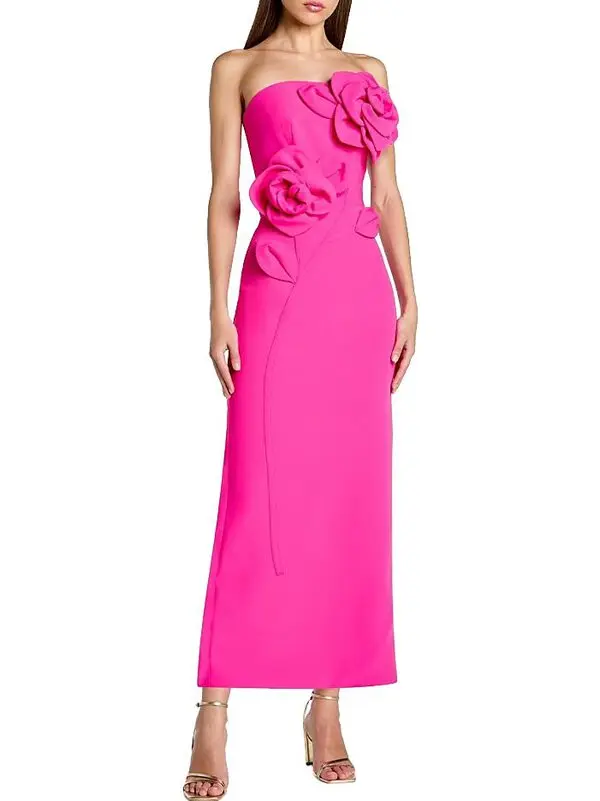 Mac Duggal Crepe Strapless Midi Dress With 3d Flower - Hot Pink