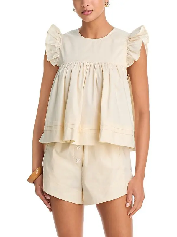 Aqua Poplin Flutter Top - Ivory