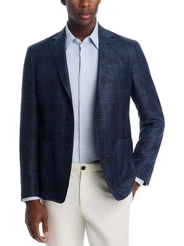 Bloomingdale'S Plaid Sport Coat Wool Silk And Linen Regular Fit - Navy