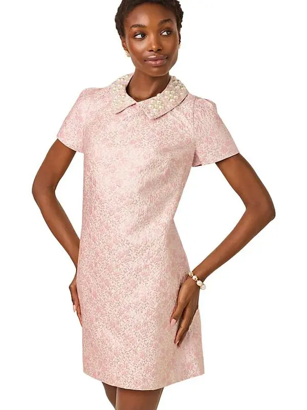 LILLY PULITZER Mylan Short Sleeve Shift Dress - Conch Shell Pink Ritsy Ditsy Metallic Brocade