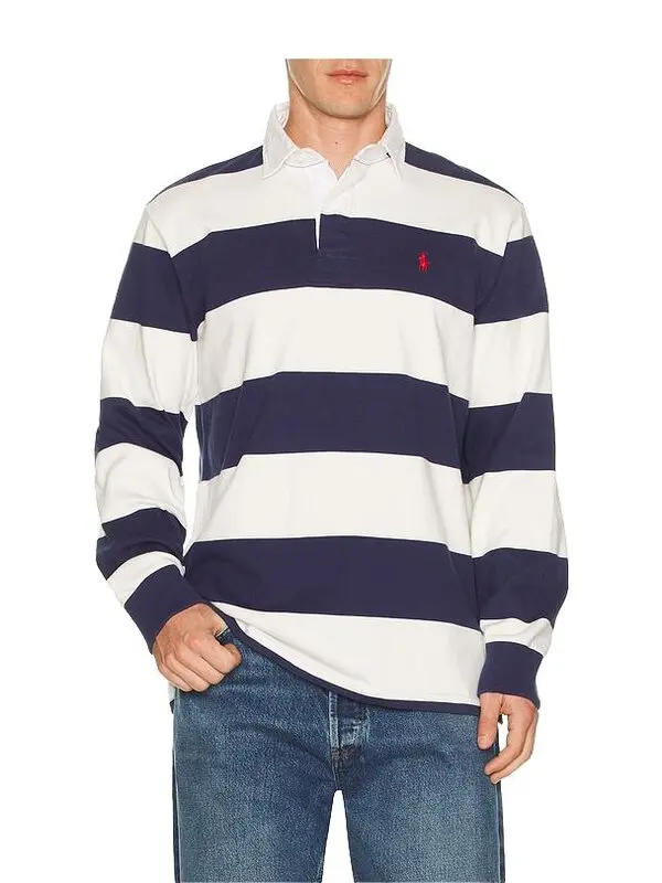Polo Ralph Lauren Long Sleeve Heavyweight Rugby Shirt In Navy - Dark Cobalt & Deckwash White