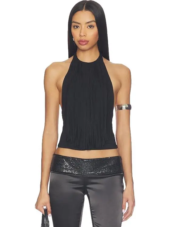 MORE TO COME Leigh Fringe Halter Top - Black