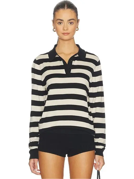 Enza Costa Stripe Silk Knit Polo - Black & Wheat