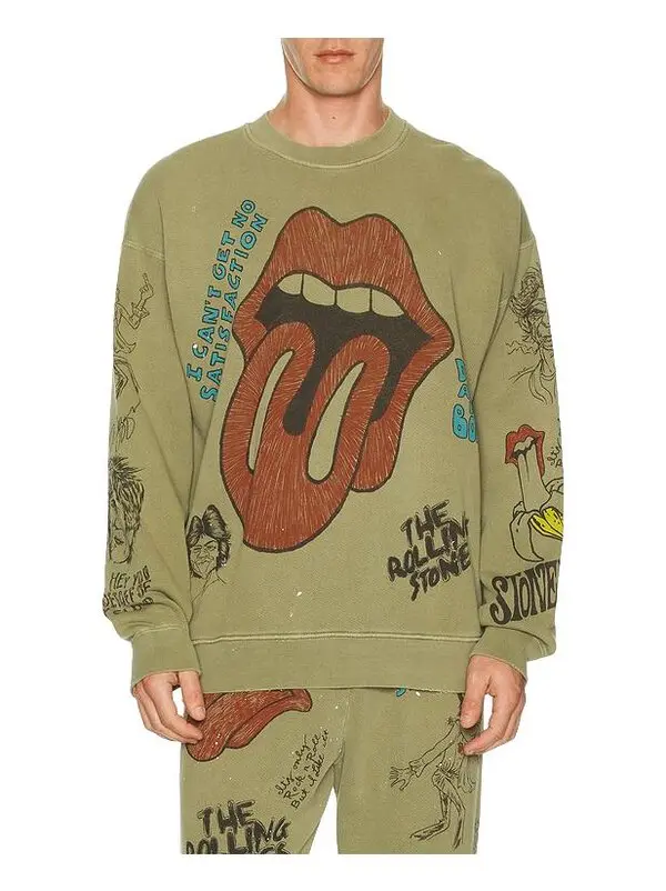 MadeWorn Rolling Stones Sketch Classic Crew Sweatshirt In Green - Fatigue