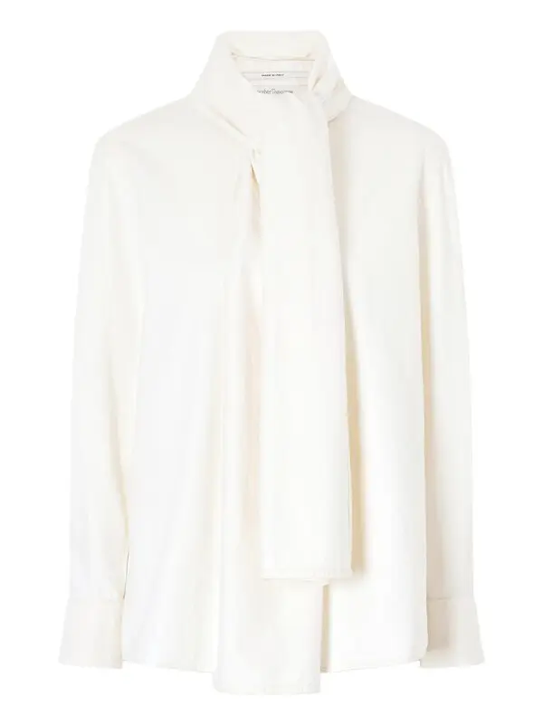 Another Tomorrow Cotton-chambray Pussy-bow Blouse - Neutrals