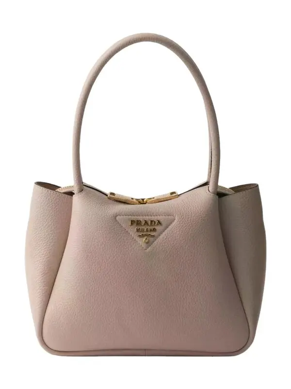 Prada Leather Tote Bag With Triangle Logo - Neutrals