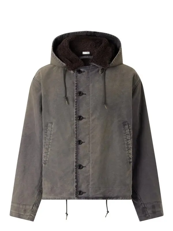 A.PRESSE Fleece-lined Distressed Cotton-canvas Hooded Jacket - Gray