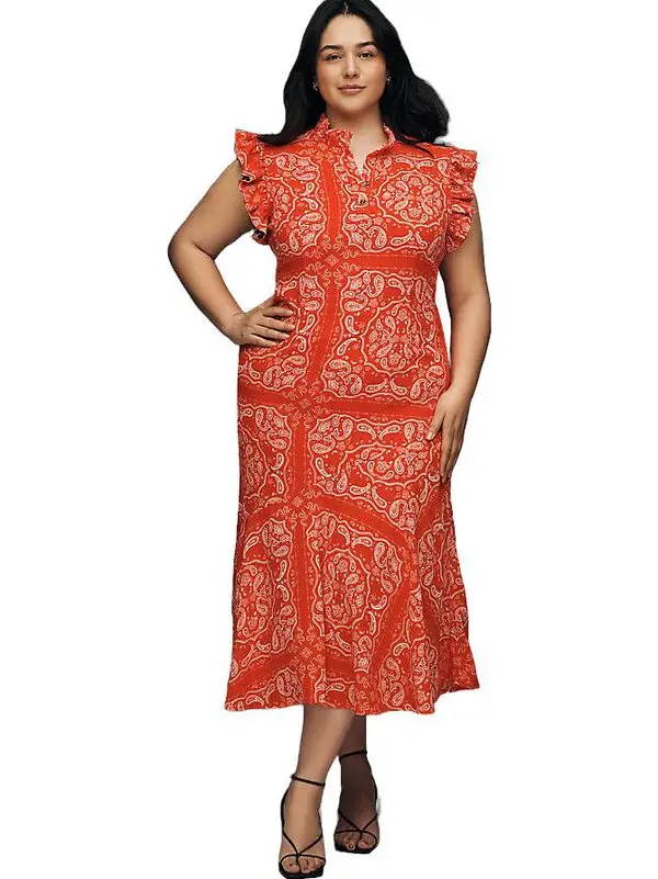 NEVER FULLY DRESSED Bandana Puff-sleeve Maxi Dress - Red Pattern