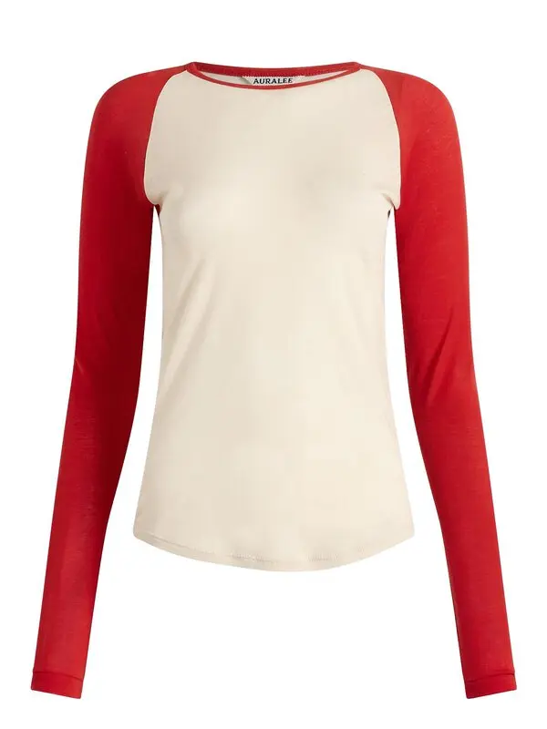 Auralee Sheer Rib Raglan Top - Ivory/red