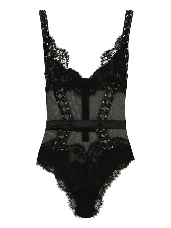 Dolce & Gabbana Lace And Tulle Bodysuit With Lacing And Eyelets - Black