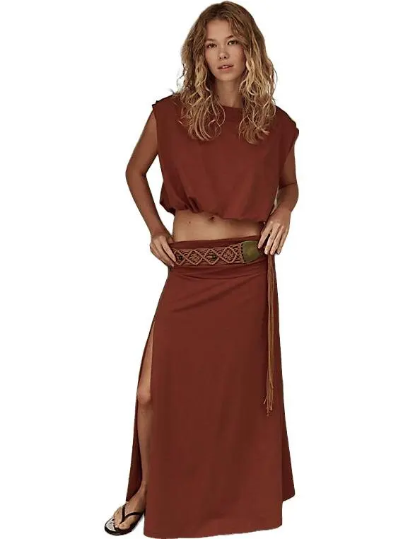 Free People Portia Cotton Jersey Bubble Hem Muscle Top And Fold-over Maxi Skirt Set - Sugar Almond