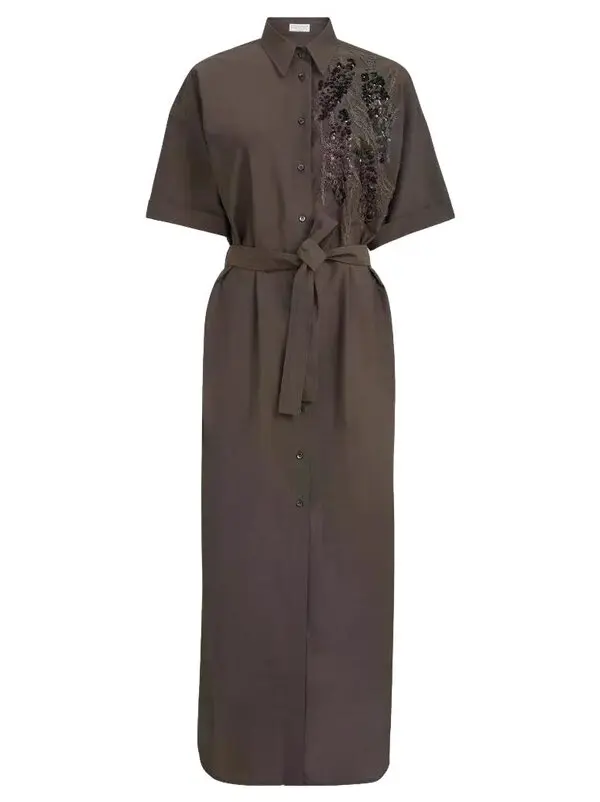 Brunello Cucinelli Short Sleeve Midi Dress With Belt - Brown