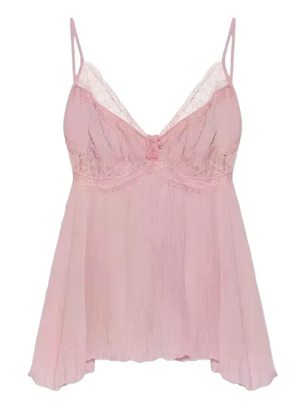 Blumarine Georgette Lace-paneled V-neck Top - Pink