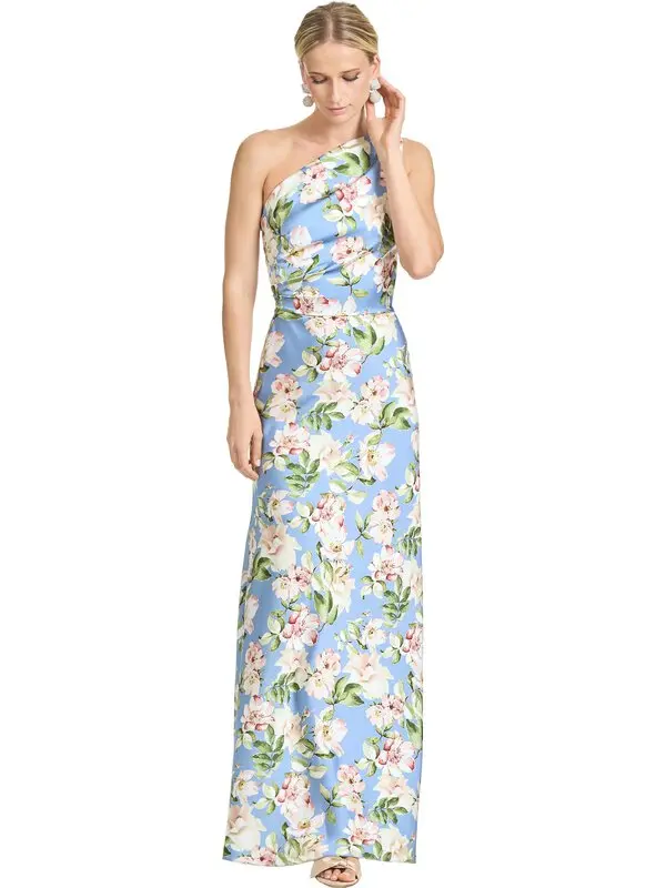 Sachin & Babi Floral Printed Satin Crepe One Shoulder A-line Gown - Twilight Camellia