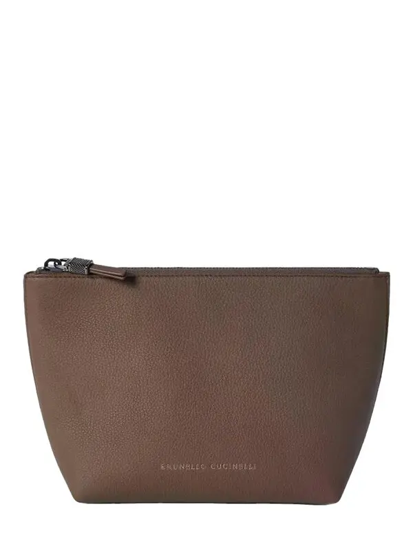 Brunello Cucinelli Grained Calfskin Pouch With Monili Zipper Pull - Brown