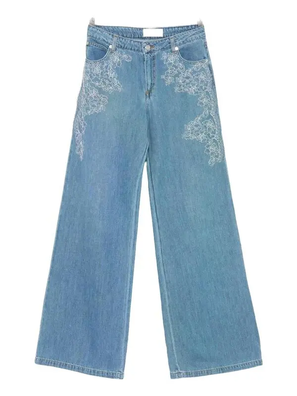ERMANNO FIRENZE Floral Embroidered Wide Leg Jeans - Blue
