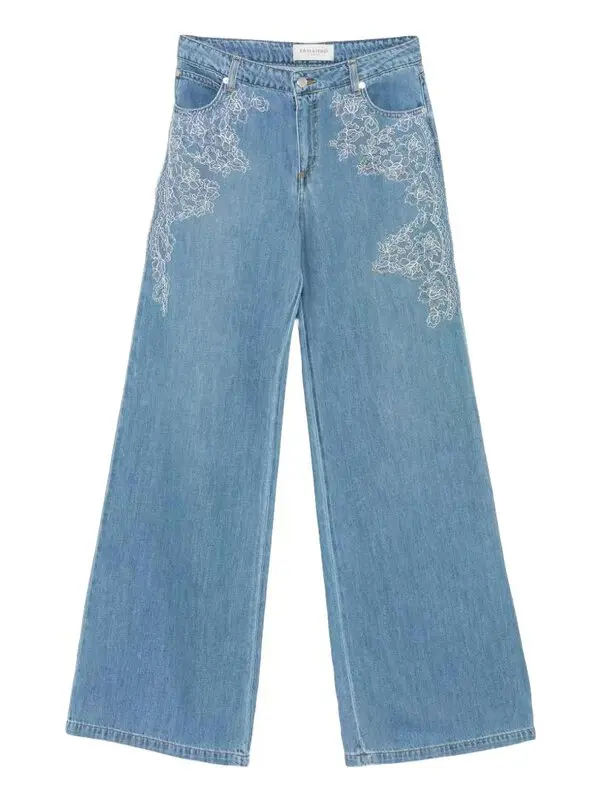 ERMANNO FIRENZE Floral Embroidered Wide Leg Jeans - Blue