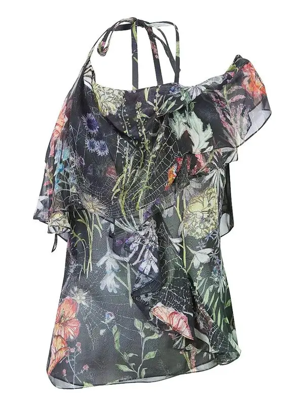 Alexander McQueen Asymmetric Floral Print Top - Black