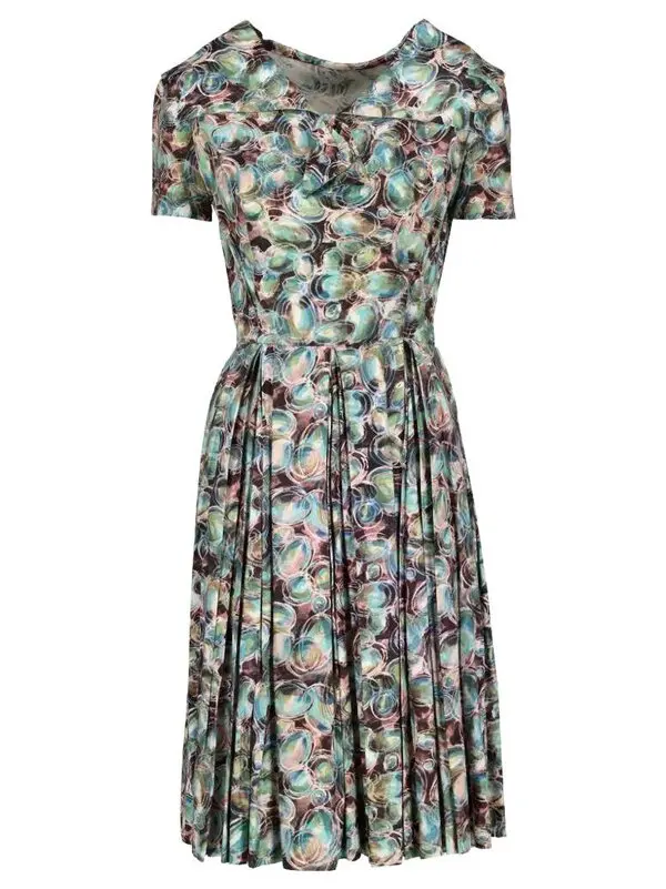 Vintage 1950s Patterned Cotton Midi Dress - Green