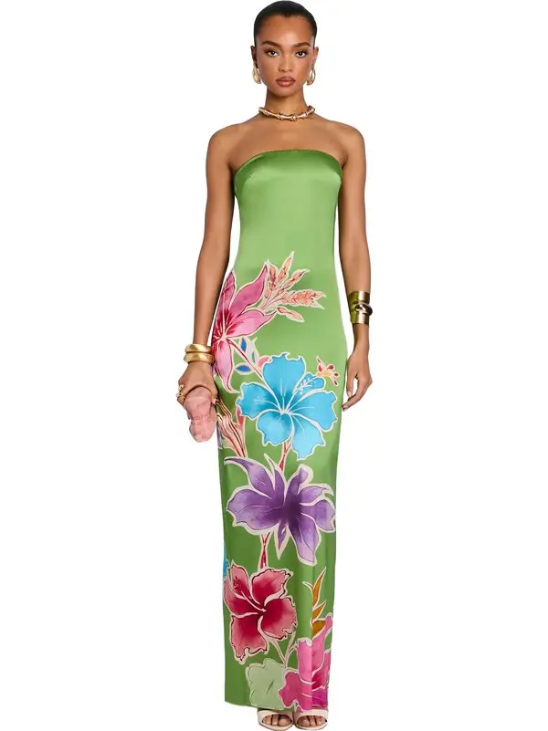 Retrofete Vivi Silk Strapless Gown - Kiwi Hibiscus Floral